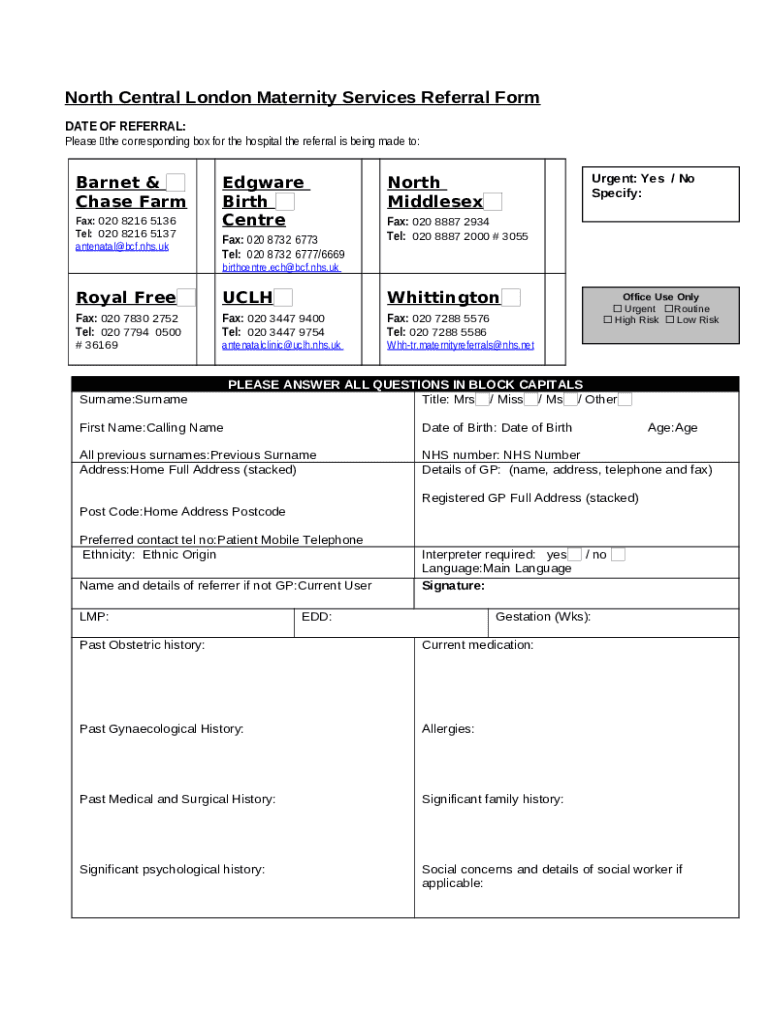 Barnet Hospital Maternity Services Self Referral Doc Template | pdfFiller