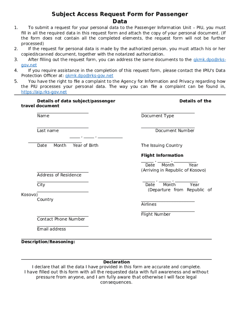 Subject Access Request for Passenger Data Doc Template | pdfFiller
