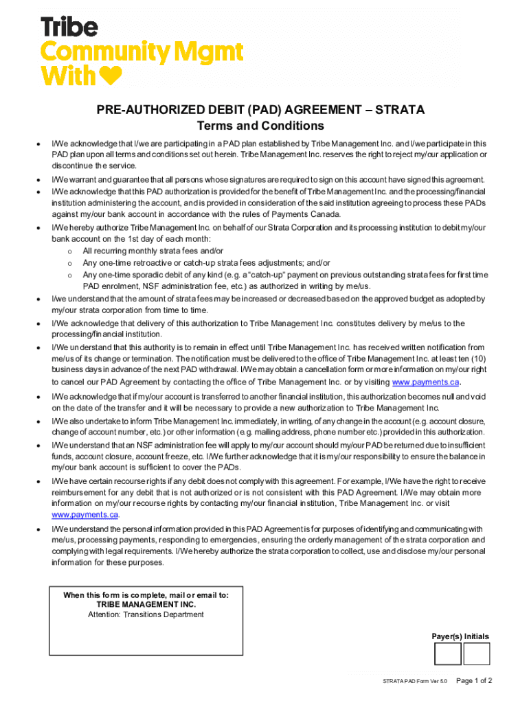 Fillable Online Fillable PRE-AUTHORIZED DEBIT (PAD) AGREEMENT ... Fax ...