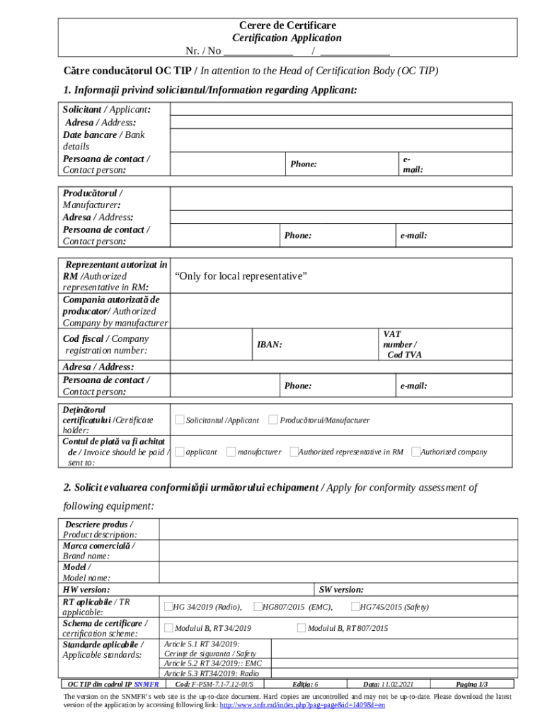 Ctre conductorul OC TIP / In attention to Head of Certification Body (OC TIP). Application Doc ...