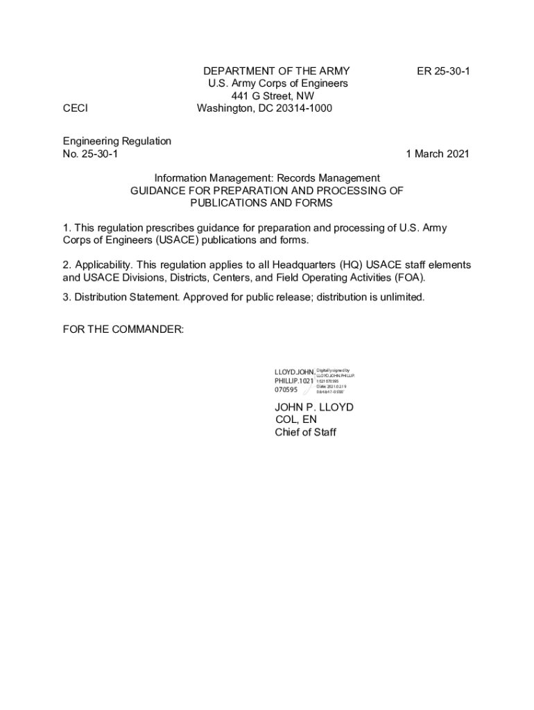 Fillable Online DEPARTMENT OF THE ARMY ER 25-30-1 U.S. Army Corps of ...