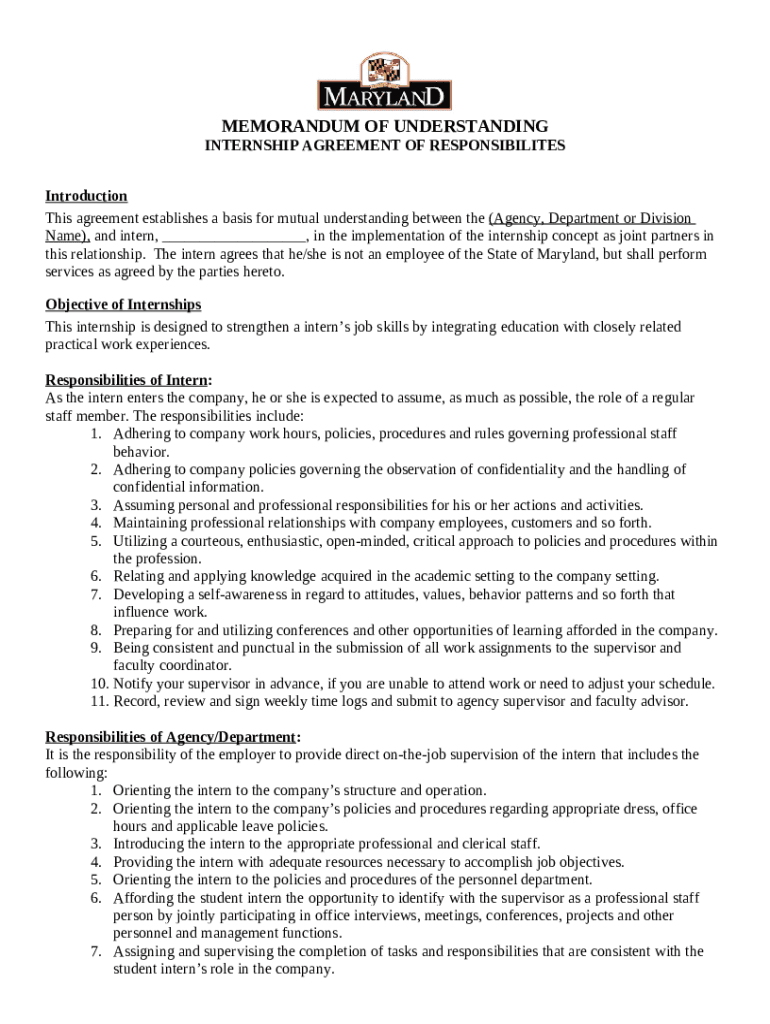 Internship agreement sample: Fill out & sign online - dbm maryland Doc Template | pdfFiller