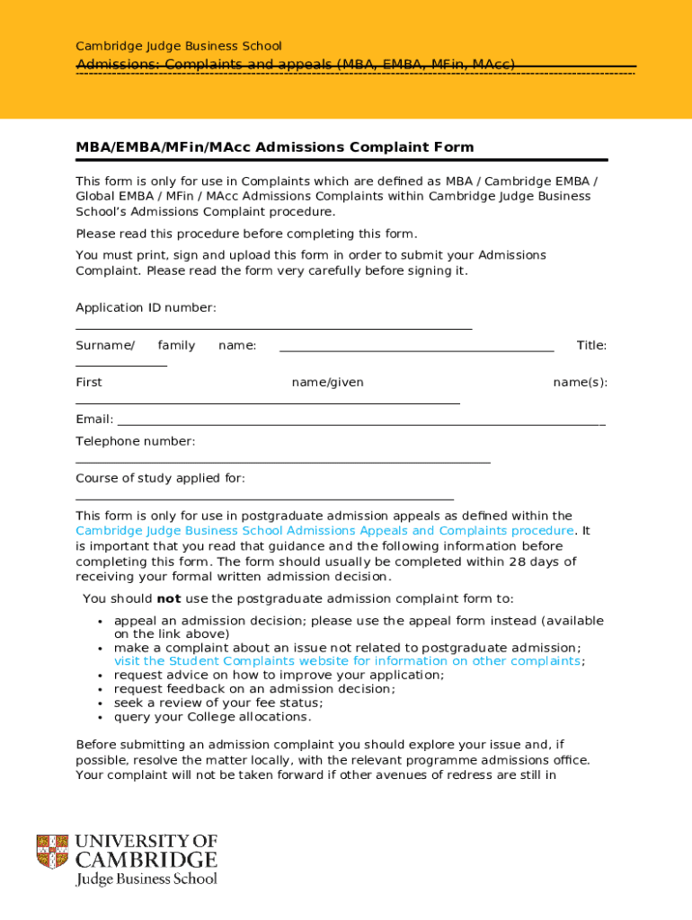 Download and complete the Admissions Complaint Doc Template | pdfFiller