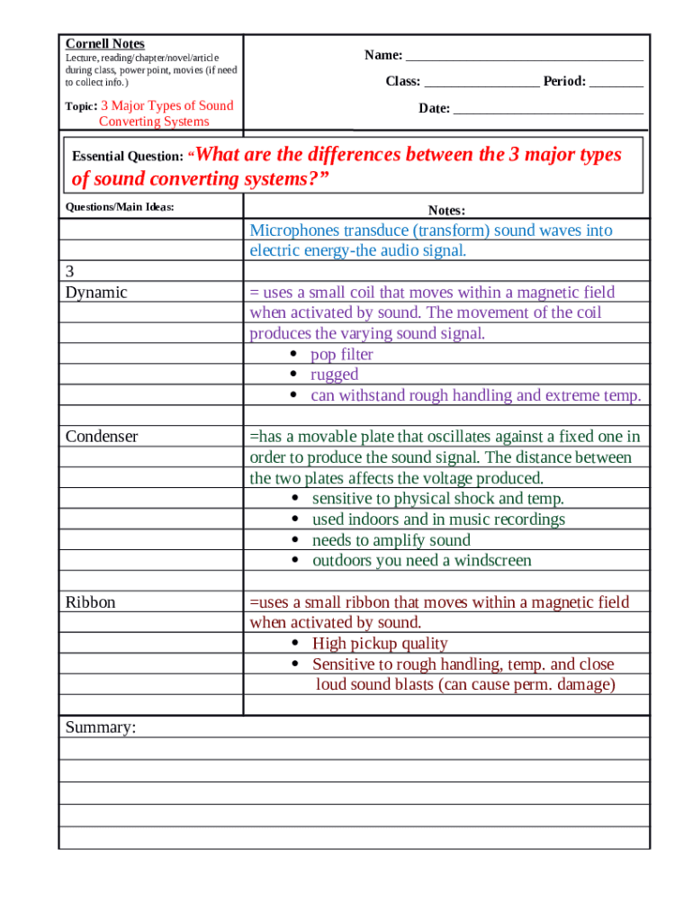 Cornell Notes - Lecture, reading/chapter/novel/article Doc Template ...