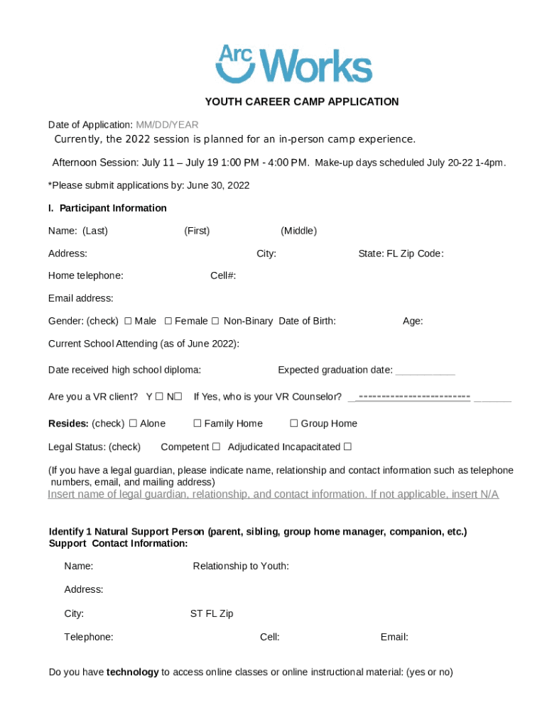 McKinney Youth Career Camp APPLICATION Doc Template | pdfFiller