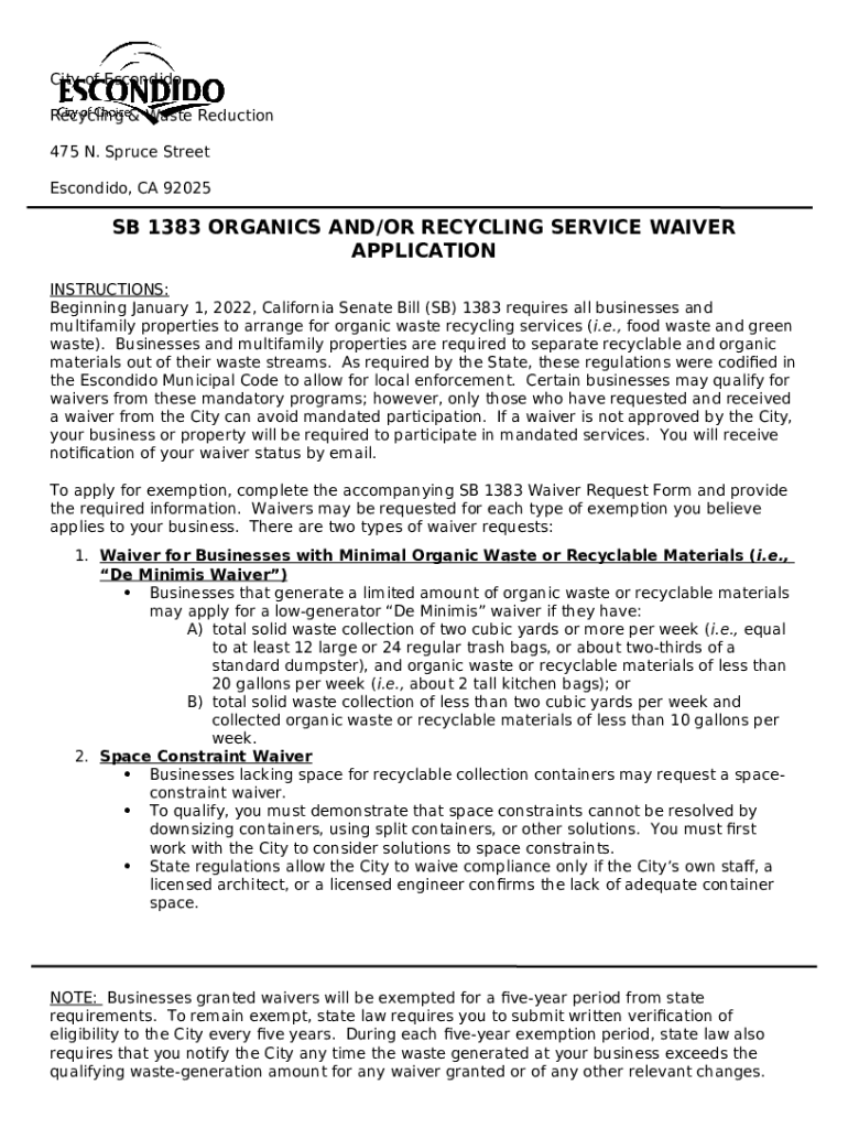 SB 1383 ORGANICS AND/OR RECYCLING SERVICE ... Doc Template | pdfFiller