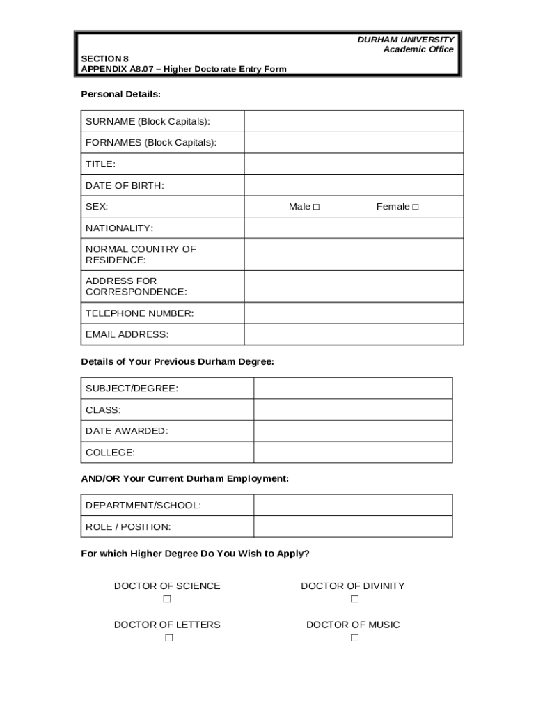 Higher Doctorate Entry Doc Template | pdfFiller