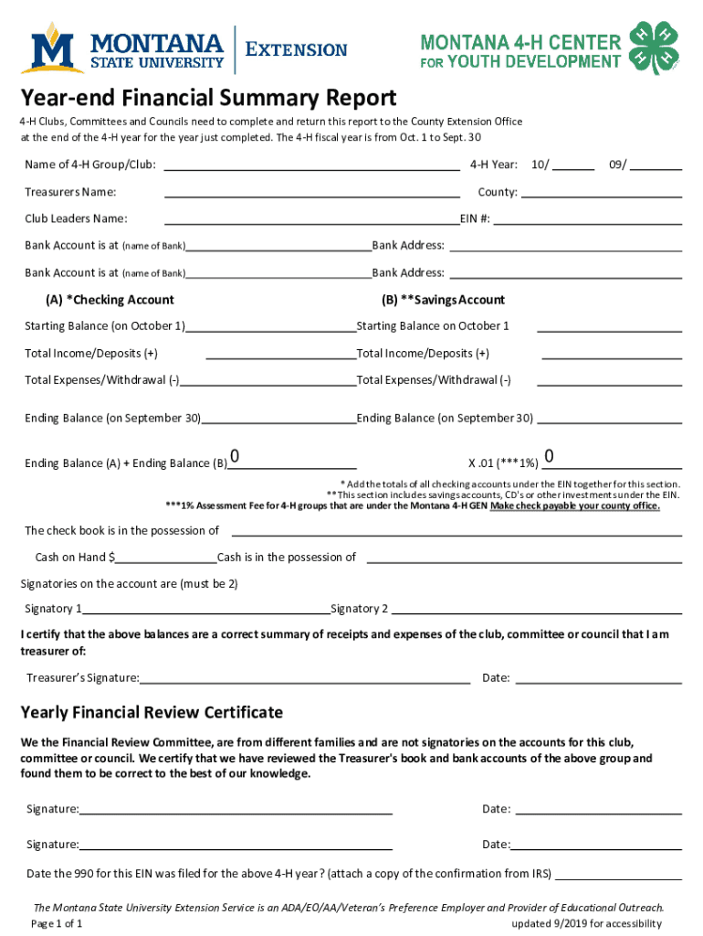 Fillable Online Year-end Financial Summary Report. Montana 4-H Forms ...