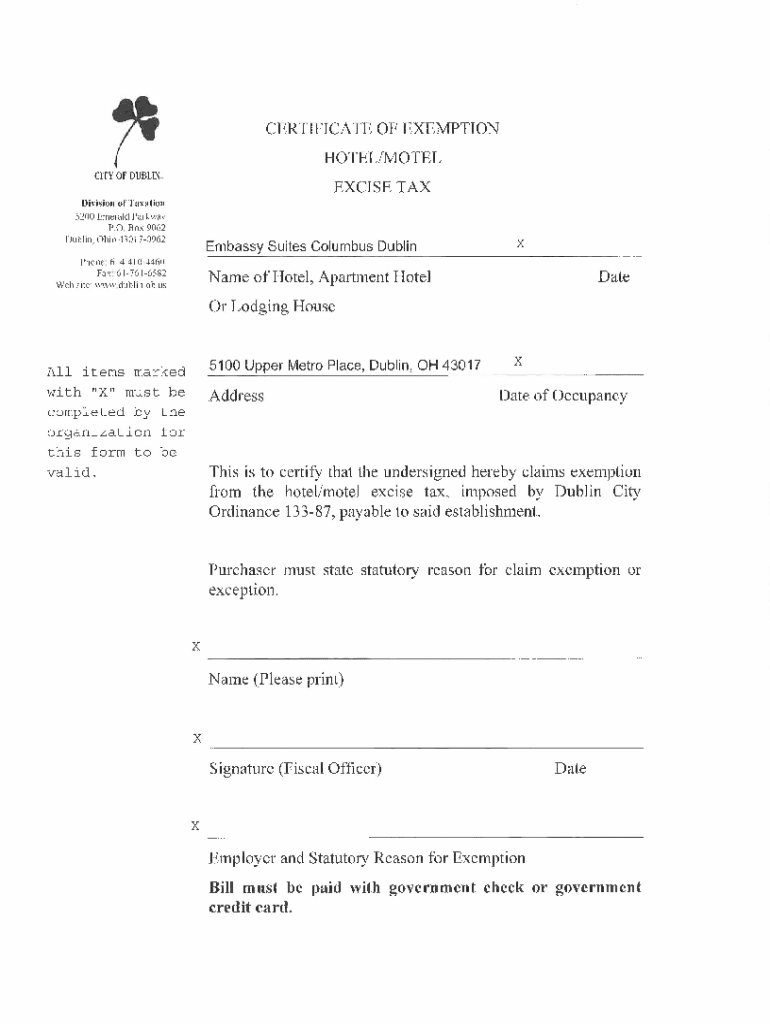 Fillable Online CERTIFICATE OF EXEMPTION HOTEL/MOTEL EXCISE TAX Name ...