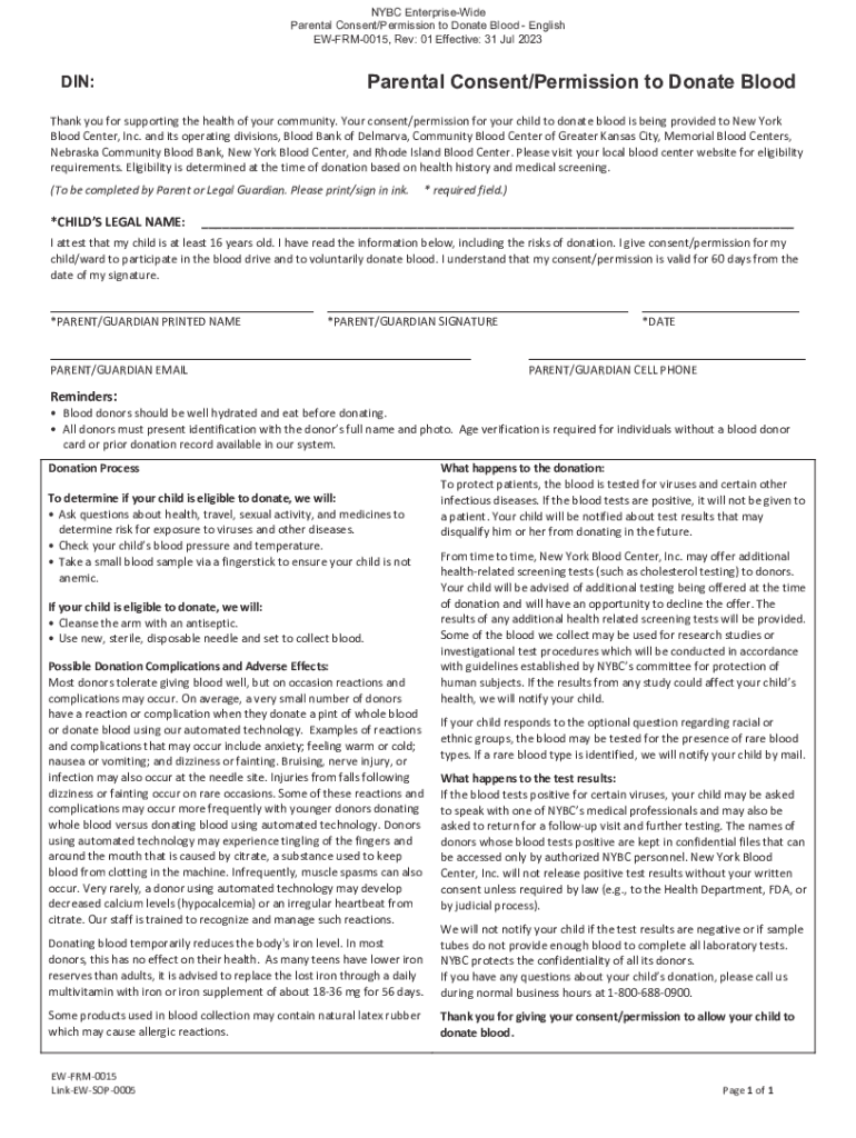 Fillable Online Parental Permission Form for 16-year-old Donors Fax ...