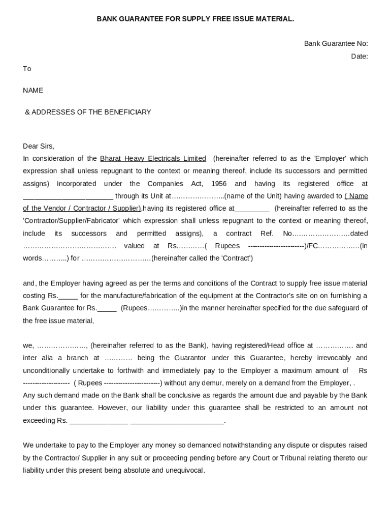 bank guarantee for supply free issue material. - BHEL HERP Doc Template ...