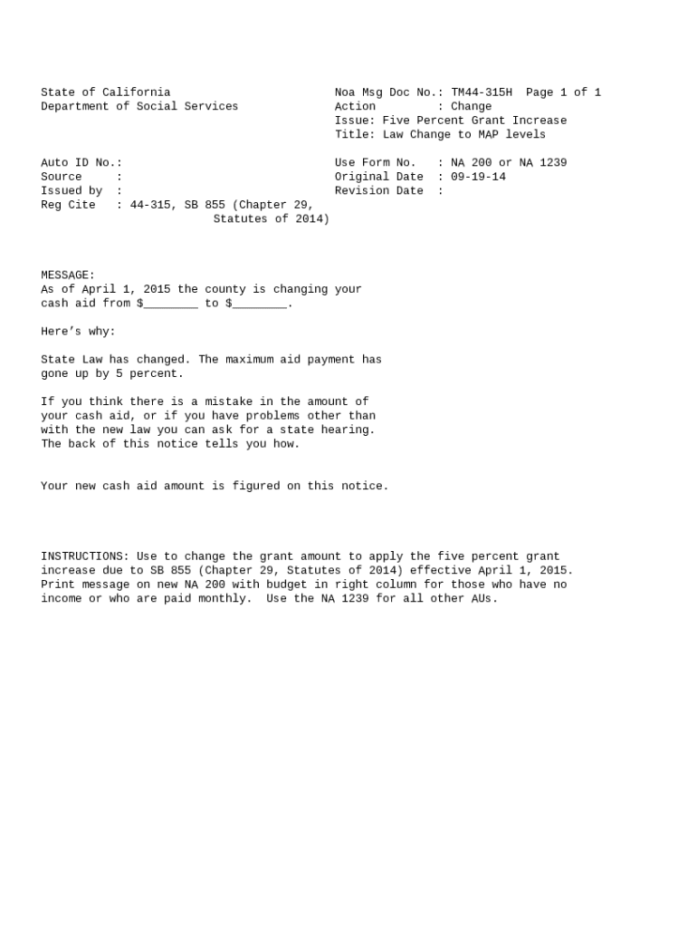 Increase in CalWORKs Maximum Aid Payment Doc Template | pdfFiller