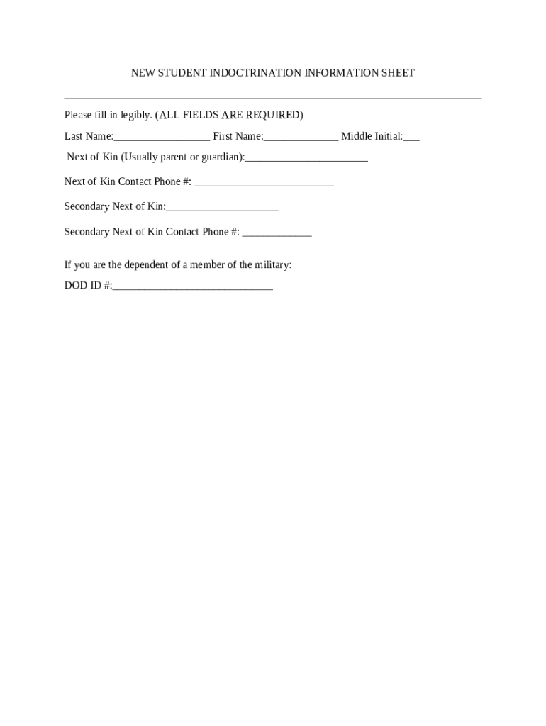 NEW STUDENT INDOCTRINATION INATION SHEET Doc Template | pdfFiller