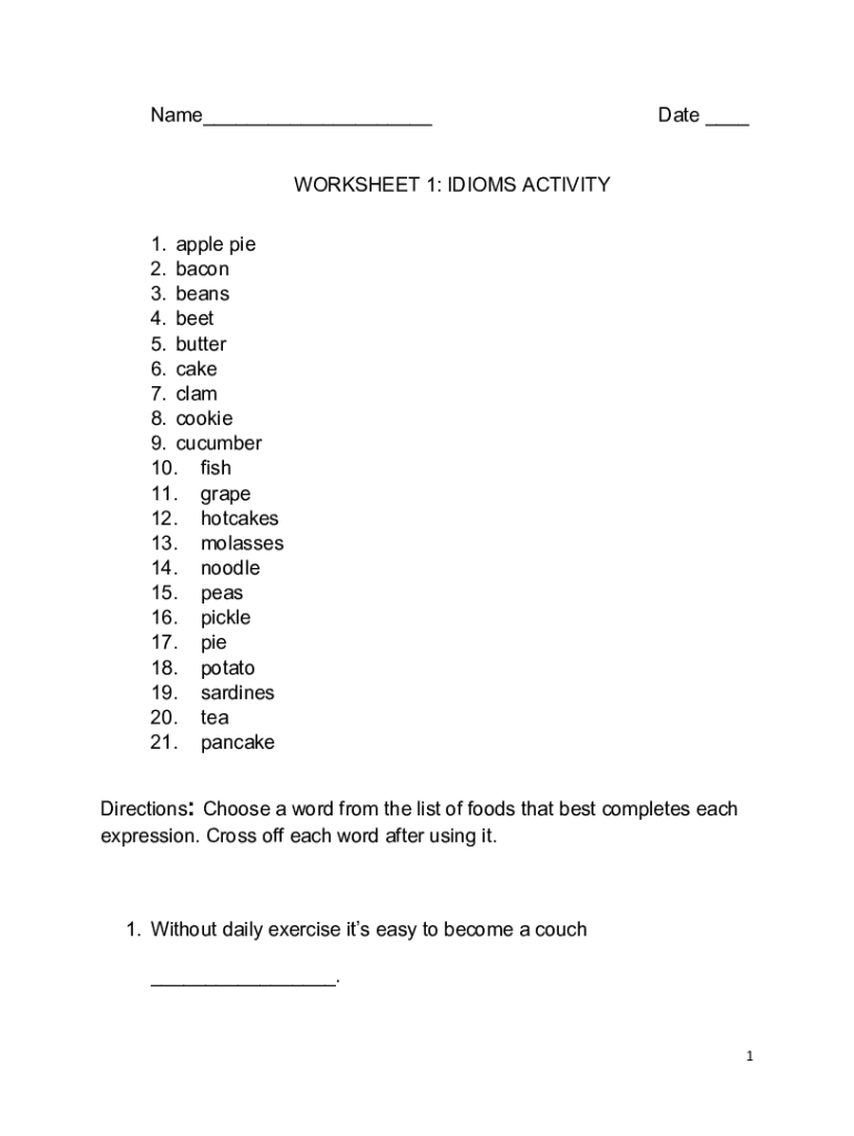 Fillable Online WORKSHEET 1: IDIOMS ACTIVITY 1. apple pie 2. bacon 3 ...