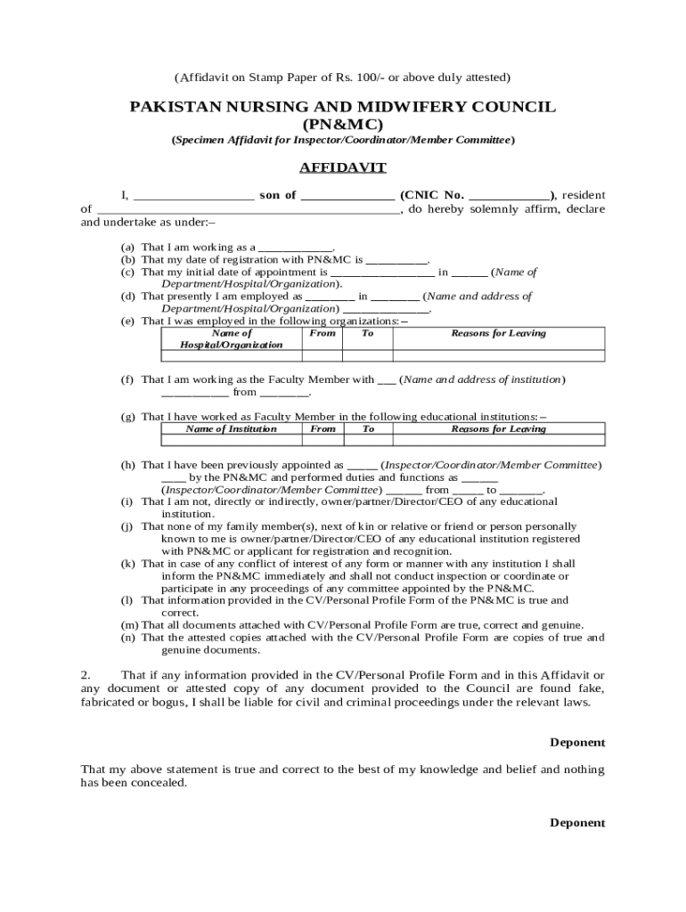 pakistan nursing and midwifery council (pn&mc) affidavit Doc Template ...