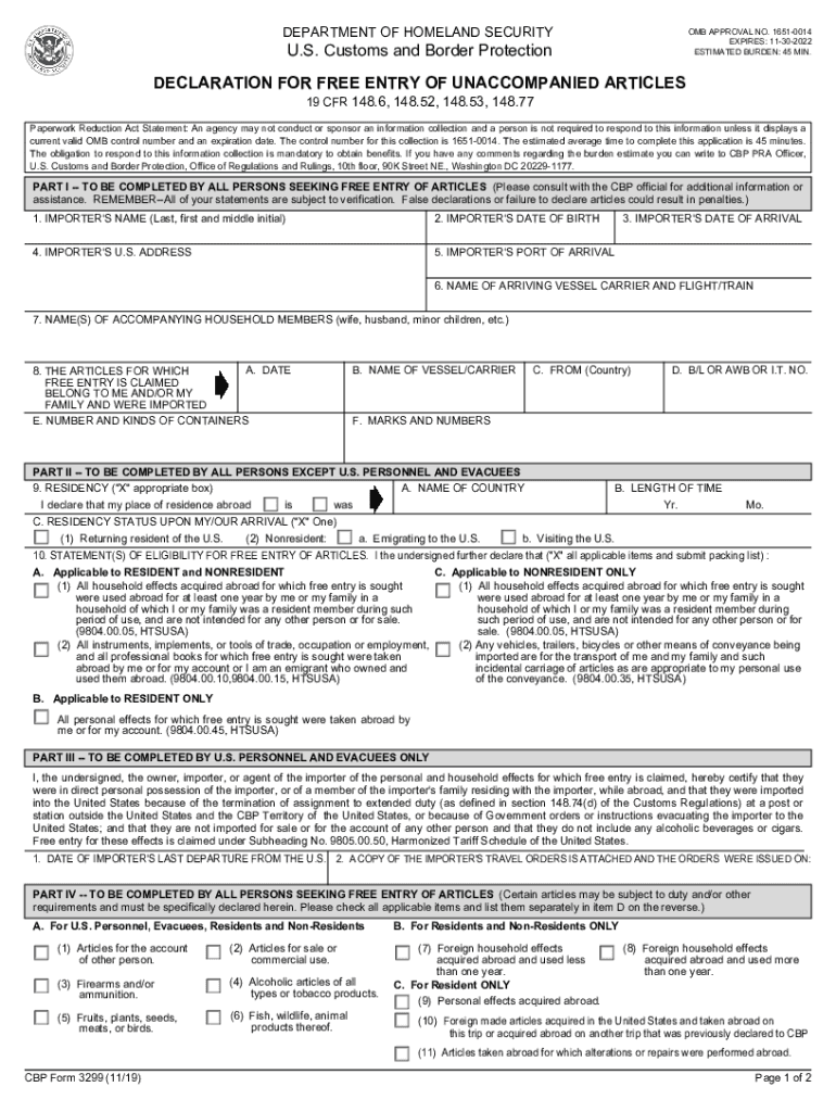 Fillable Online 2019-2024 Form CBP 3299 Fill Online, Printable ...