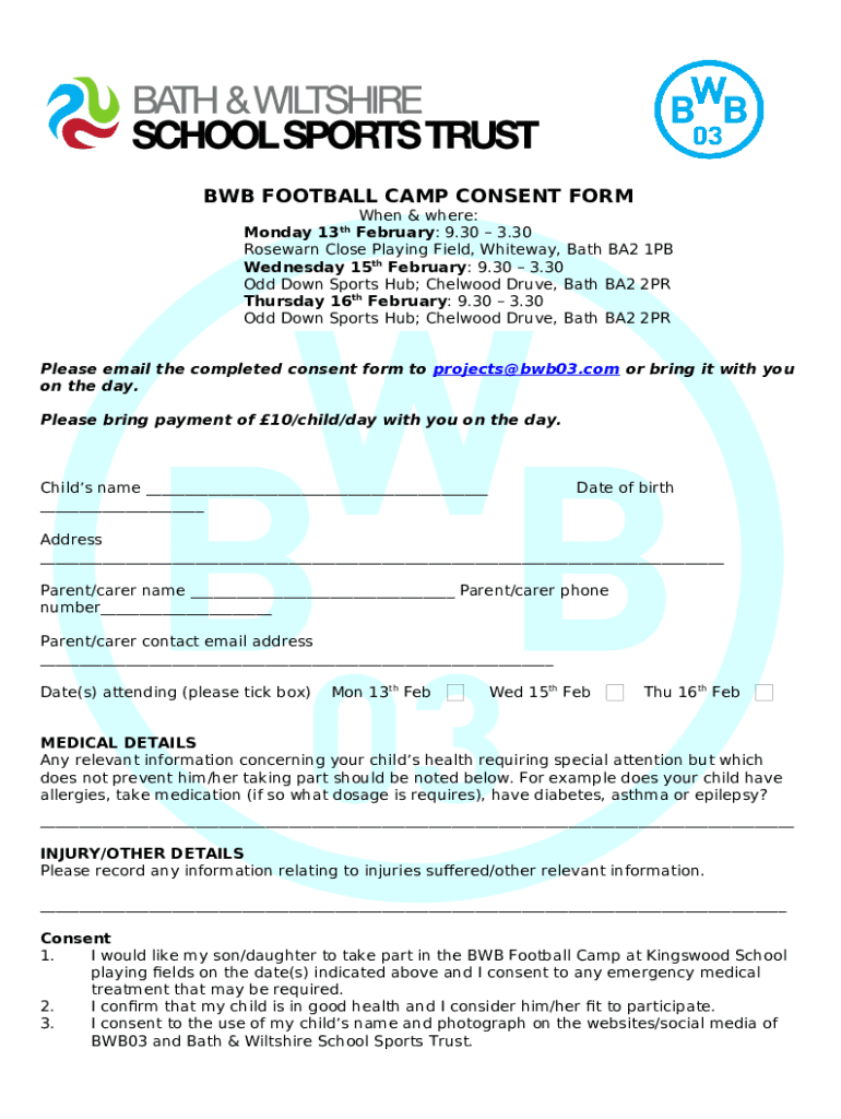 bwb football camp consent Doc Template | pdfFiller