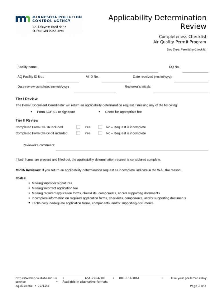 Applicability Determination Review Completeness Checklists - Air ...