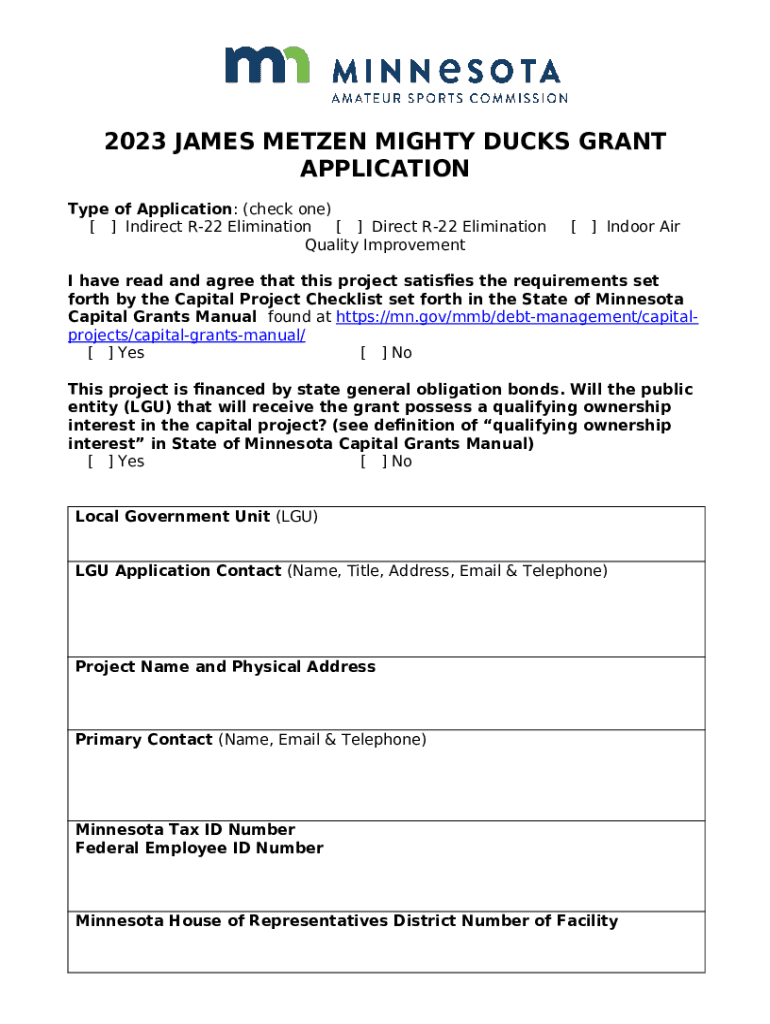 JAMES METZEN MIGHTY DUCKS Ice Arena Grant Program ... Doc Template | pdfFiller
