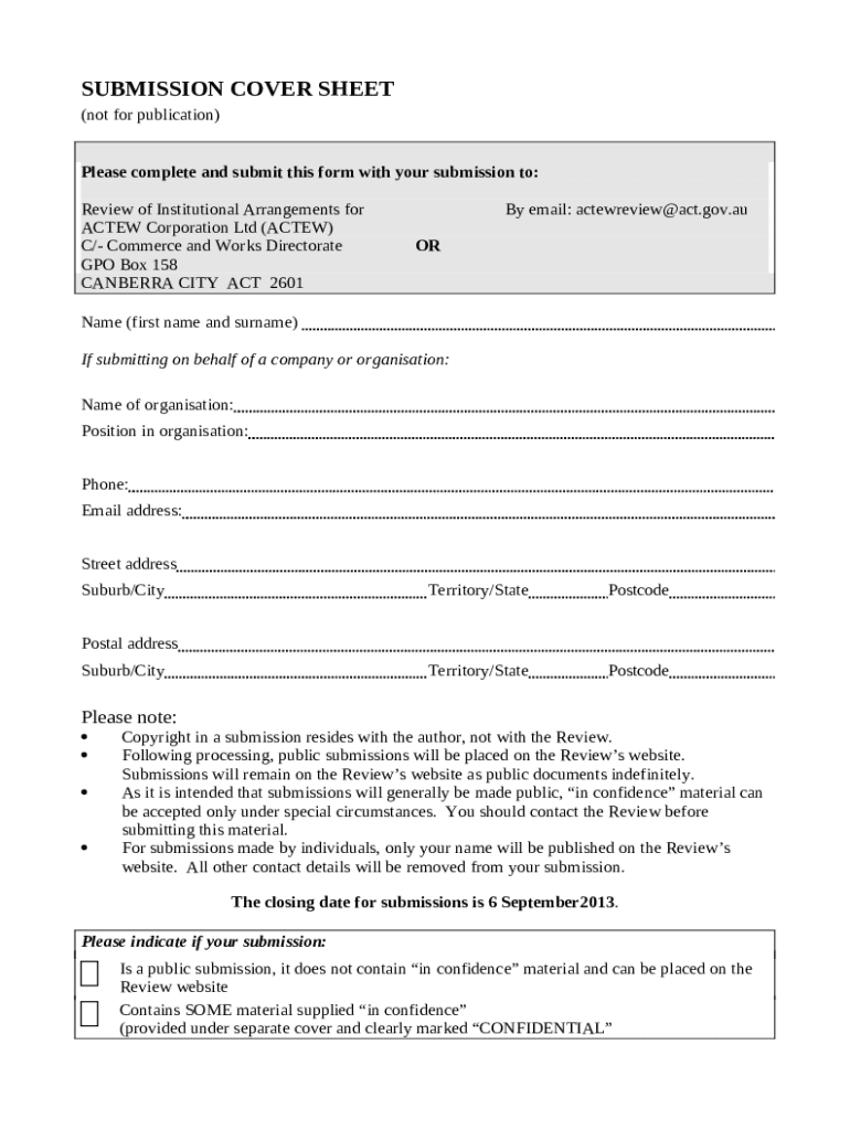 ACTEW Review Submission Cover Sheet Doc Template | pdfFiller