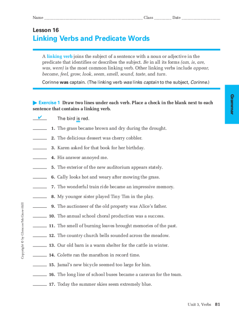 Fillable Online Linking Verbs and Predicate Words - JennieCreates Fax ...