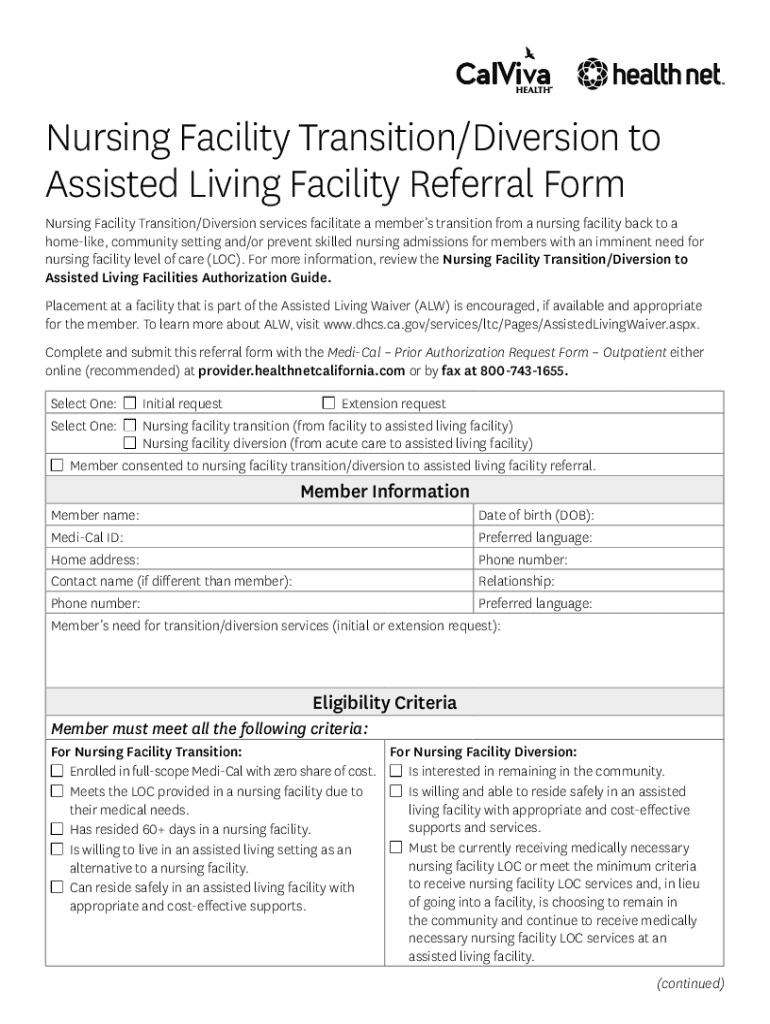 Fillable Online Nursing Facility Transition/Diversion to Assisted ...