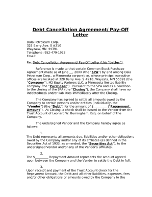 Debt Cancellation Agreement/ Pay-Off Letter - Excel TMP Doc Template ...