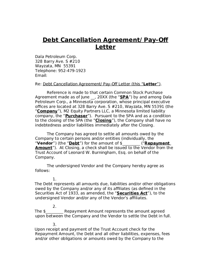 Debt Cancellation Agreement/ Pay-Off Letter - Excel TMP Doc Template ...