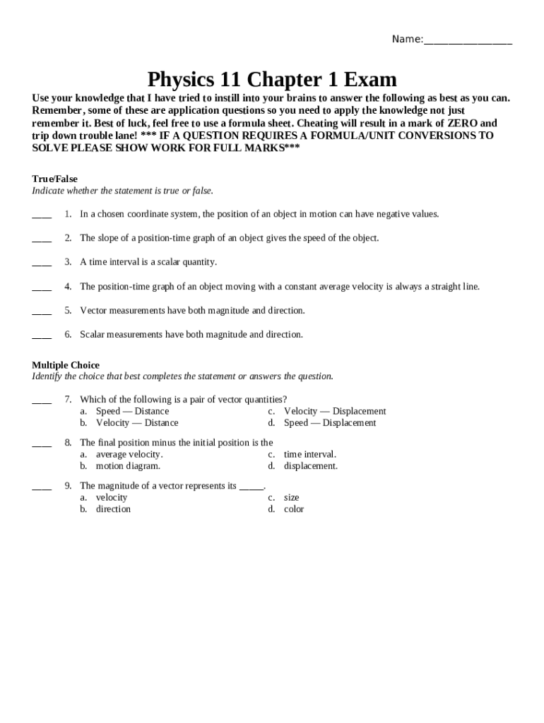 Physics 11 Chapter 1 Exam Doc Template | pdfFiller
