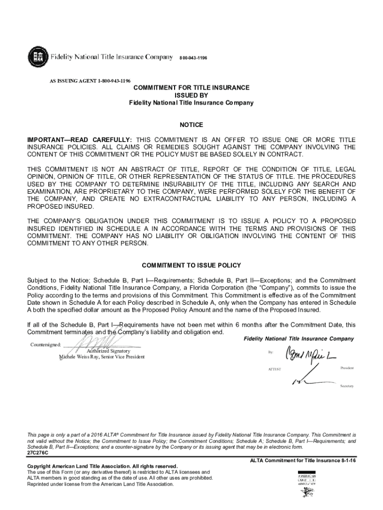 Fillable Online ALTA COMMITMENT FOR TITLE INSURANCE KCC230811 Fax Email ...