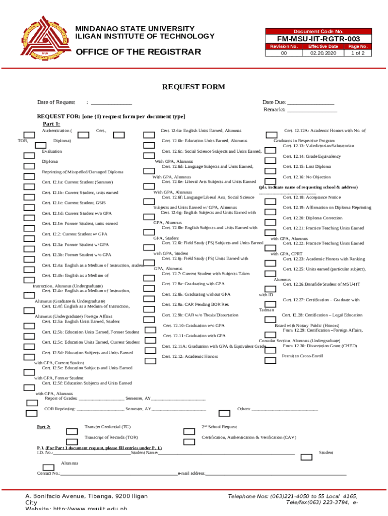 FM-MSU-IIT-RGTR-003 Request (Docx) Doc Template | pdfFiller