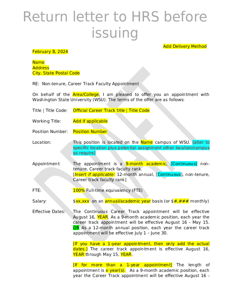 RE:Non-tenure, Career Track Faculty Appointment - hrs wsu Doc Template | pdfFiller