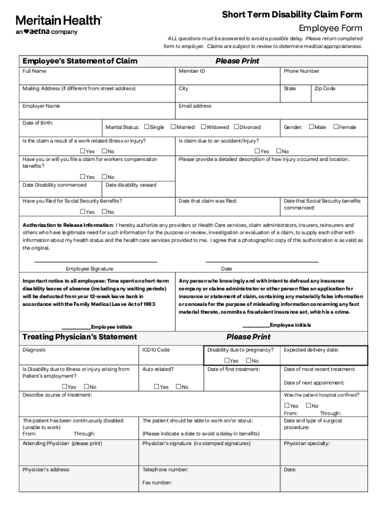 Fillable Online Short Term Disability Claim Form Employee Form Fax ...