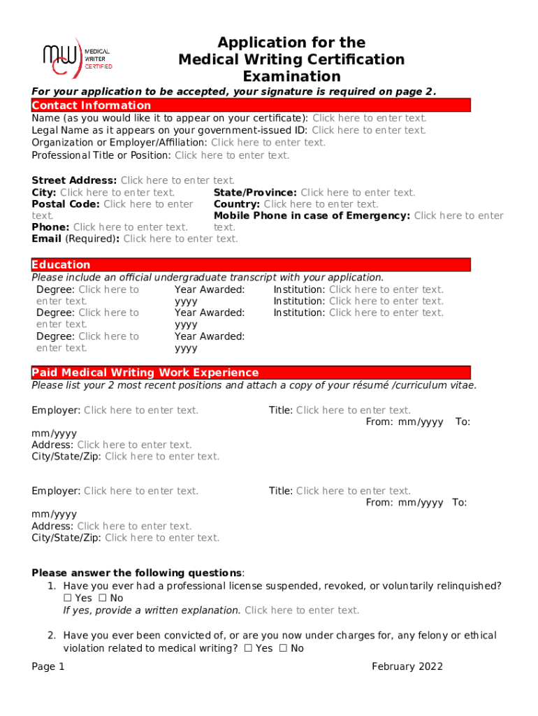 Application for the Medical Writing Certification Examination Doc ...
