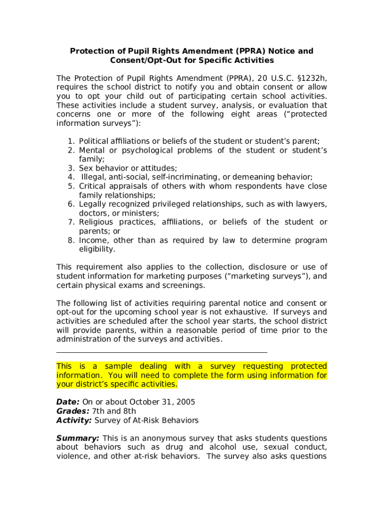Protection of Pupil Rights Amendment (PPRA) Notice and Consent/Opt-Out ...