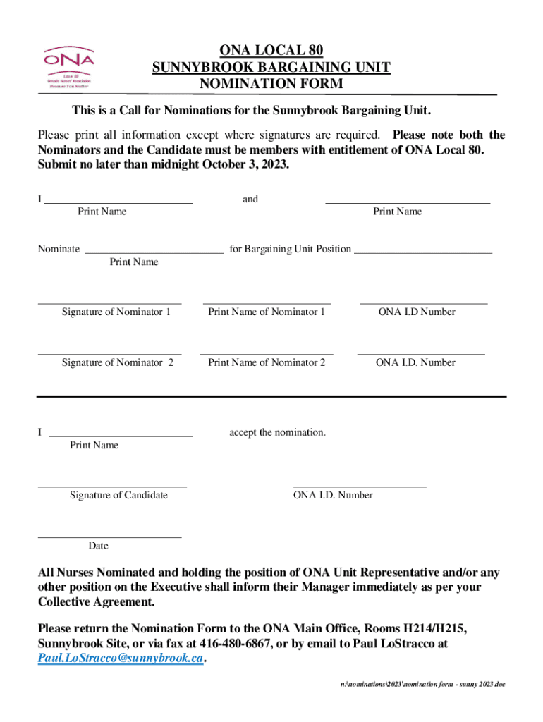 Fillable Online Nomination Form - ONA Local 8 - Ontario Nurses ...