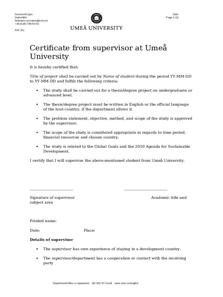 Certificate from supervisor at Ume University Doc Template | pdfFiller