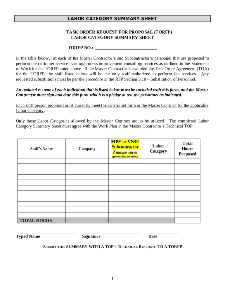 Labor Category Summary Sheet - dbm maryland Doc Template | pdfFiller
