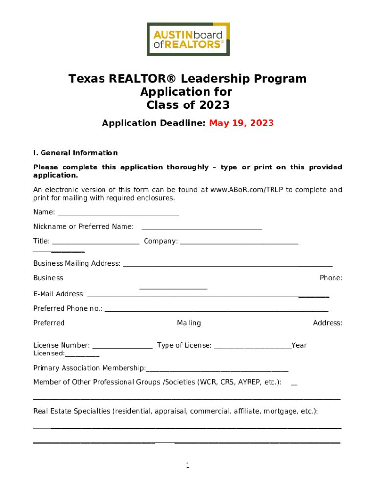 Texas REALTOR Leadership Program Application for Class ... Doc Template ...