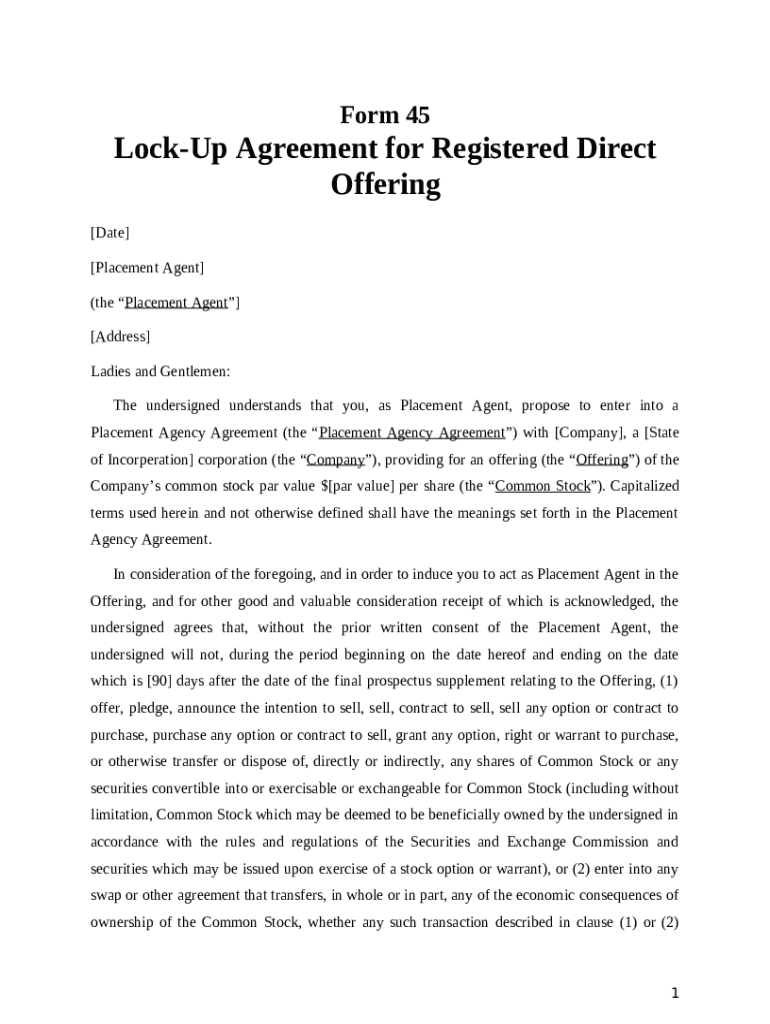 45 Lock-Up Agreement for Registered Direct Offering Doc Template | pdfFiller