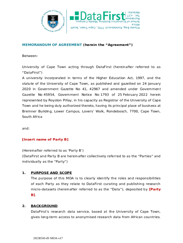 Read our depositor MOA - DataFirst - University of Cape Town Doc Template | pdfFiller