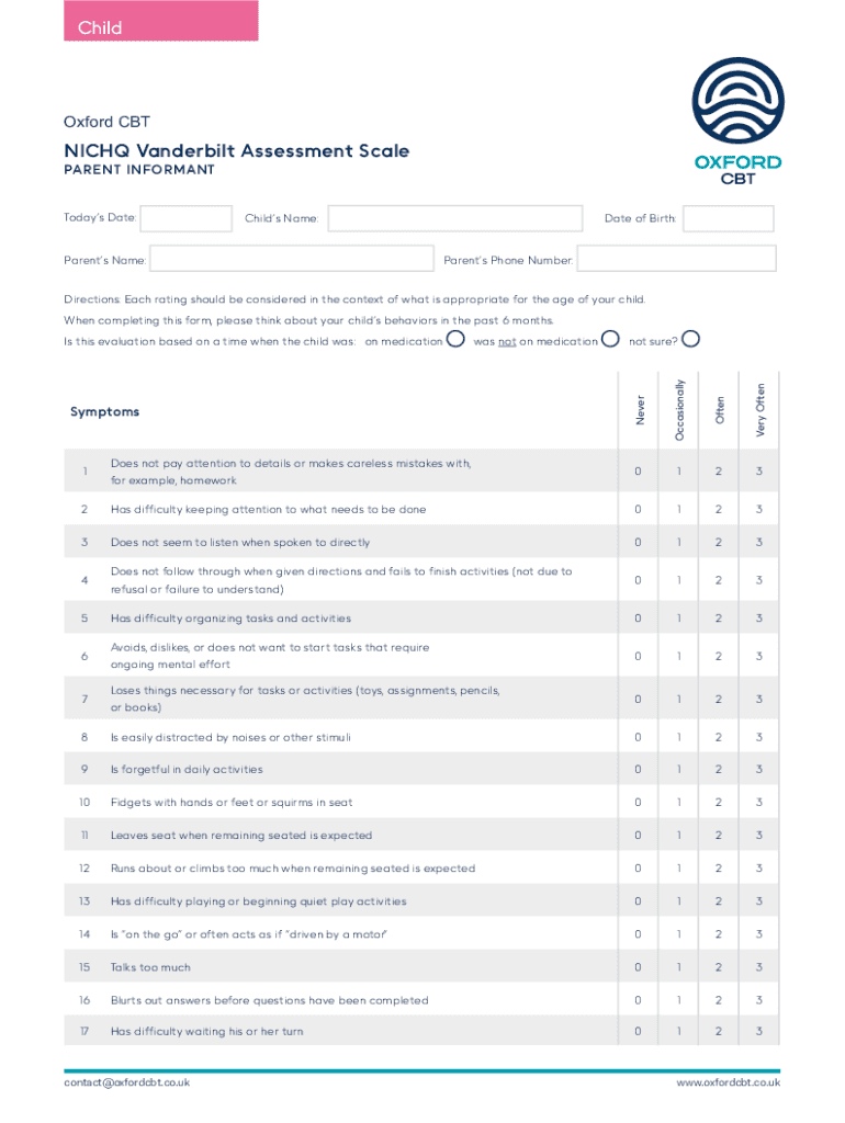 Fillable Online NICHQ Vanderbilt Assessment Scale - PARENT Informant ...
