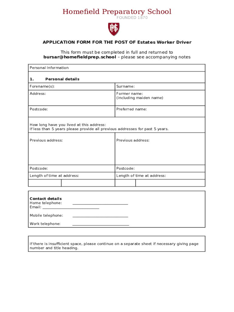 Bursar at Homefield Preparatory School Doc Template | pdfFiller