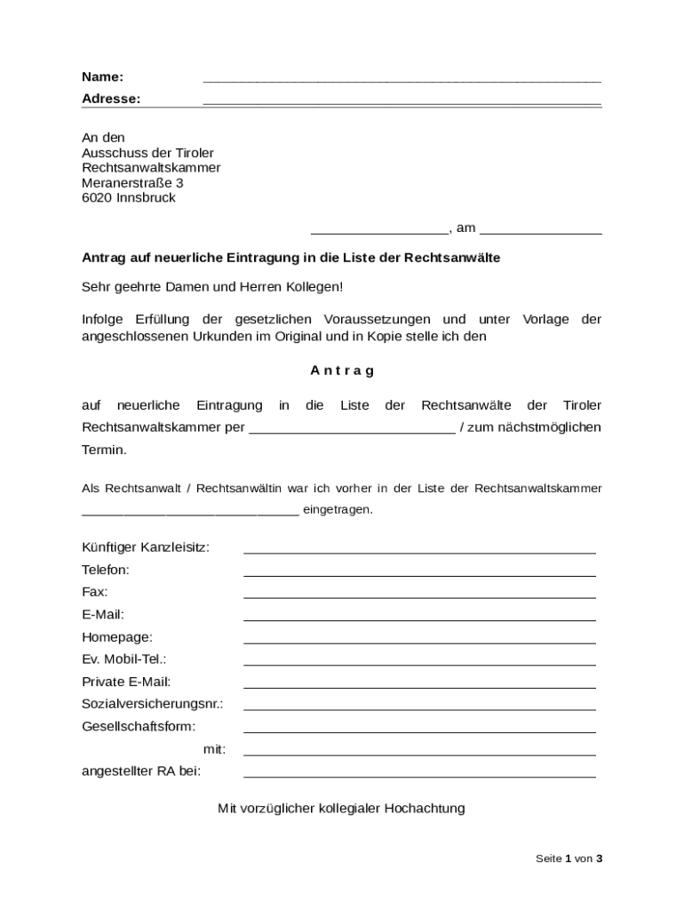 Antrag auf neuerliche Eintragung in die Liste der ... Doc Template ...