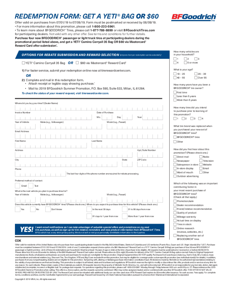 Fillable Online Fillable Online REDEMPTION FORM: GET A YETI BAG OR $60 ...