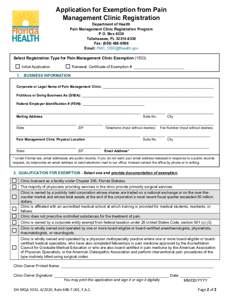 Fillable Online Pain Management Clinics Application for Certificate of ...