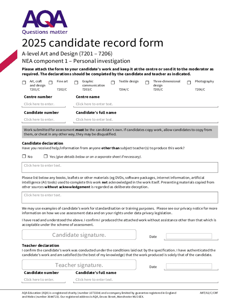 2025 Candidate record A-level Art and Design (7201 Doc Template | pdfFiller