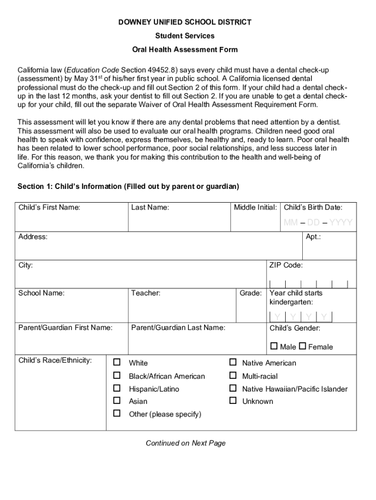 Fillable Online Oral Health Assessment Form - Fill Online, Printable ...
