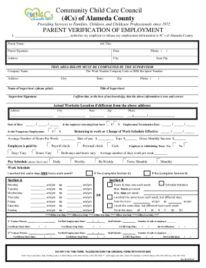 Fillable Online Parent Verification of Employment Form 061015 Fax Email ...