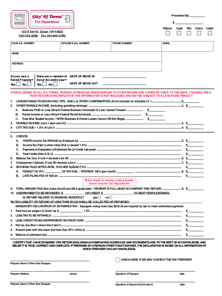 Fillable Online Welcome to the City of Dover, Ohio - Income Tax ...